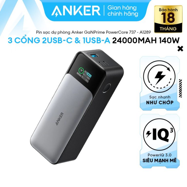 Pin sạc dự phòng Anker 737 PowerCore - A1289 (24000mah, 140W Công nghệ mới GaNPrime) - Smart Ones